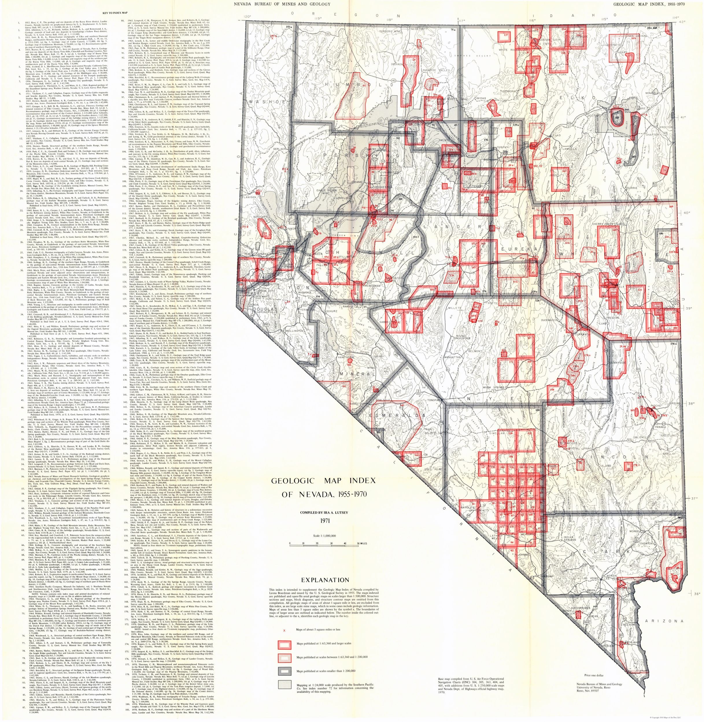 Historic Mine Map - Nevada Mines Geologic Index - Lutsey 1955 - 23 x 23 ...