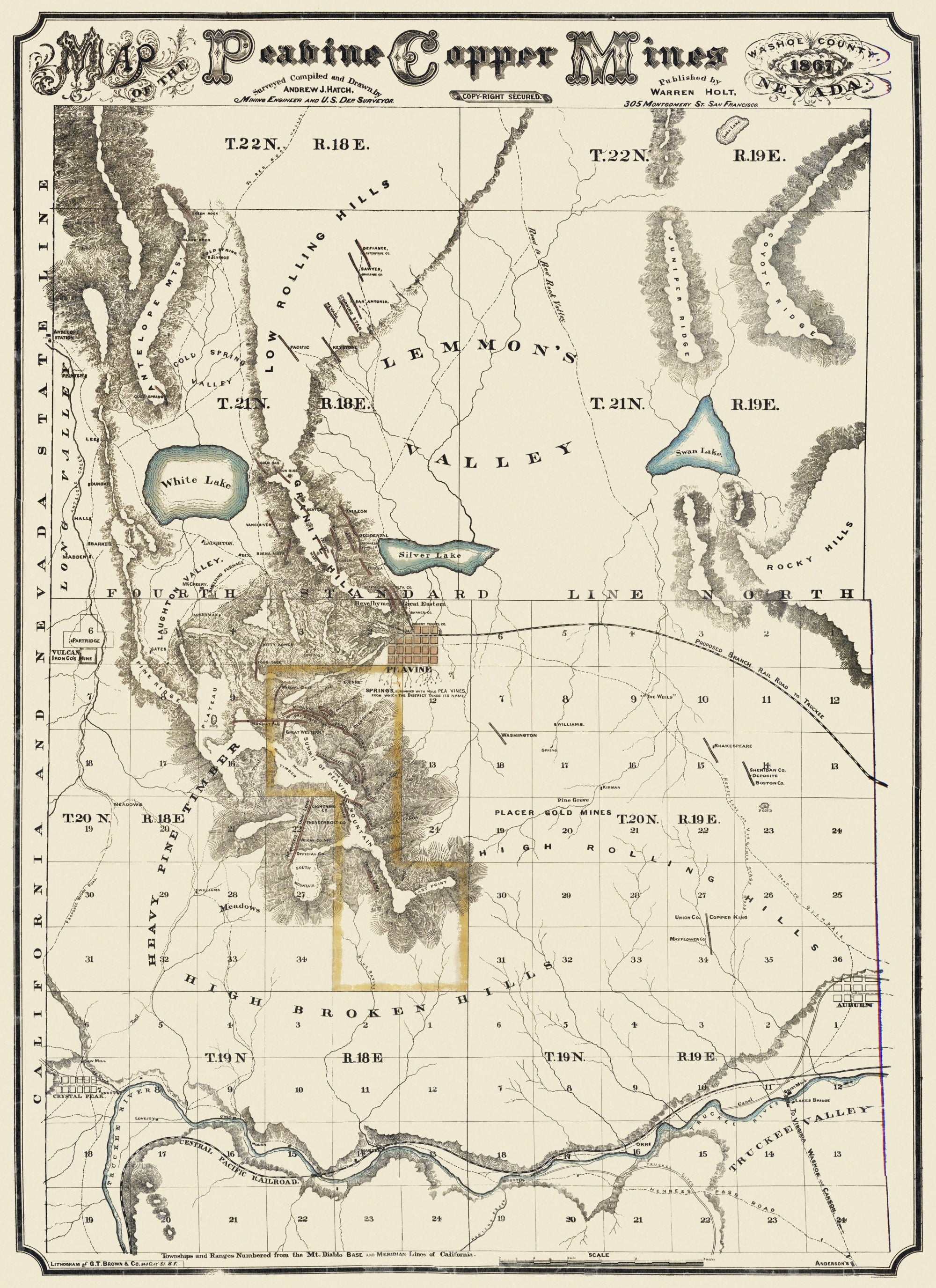 Historic Mine Map - Nevada Peavine Copper Mines - Hatch 1867 - 23 x 31. ...