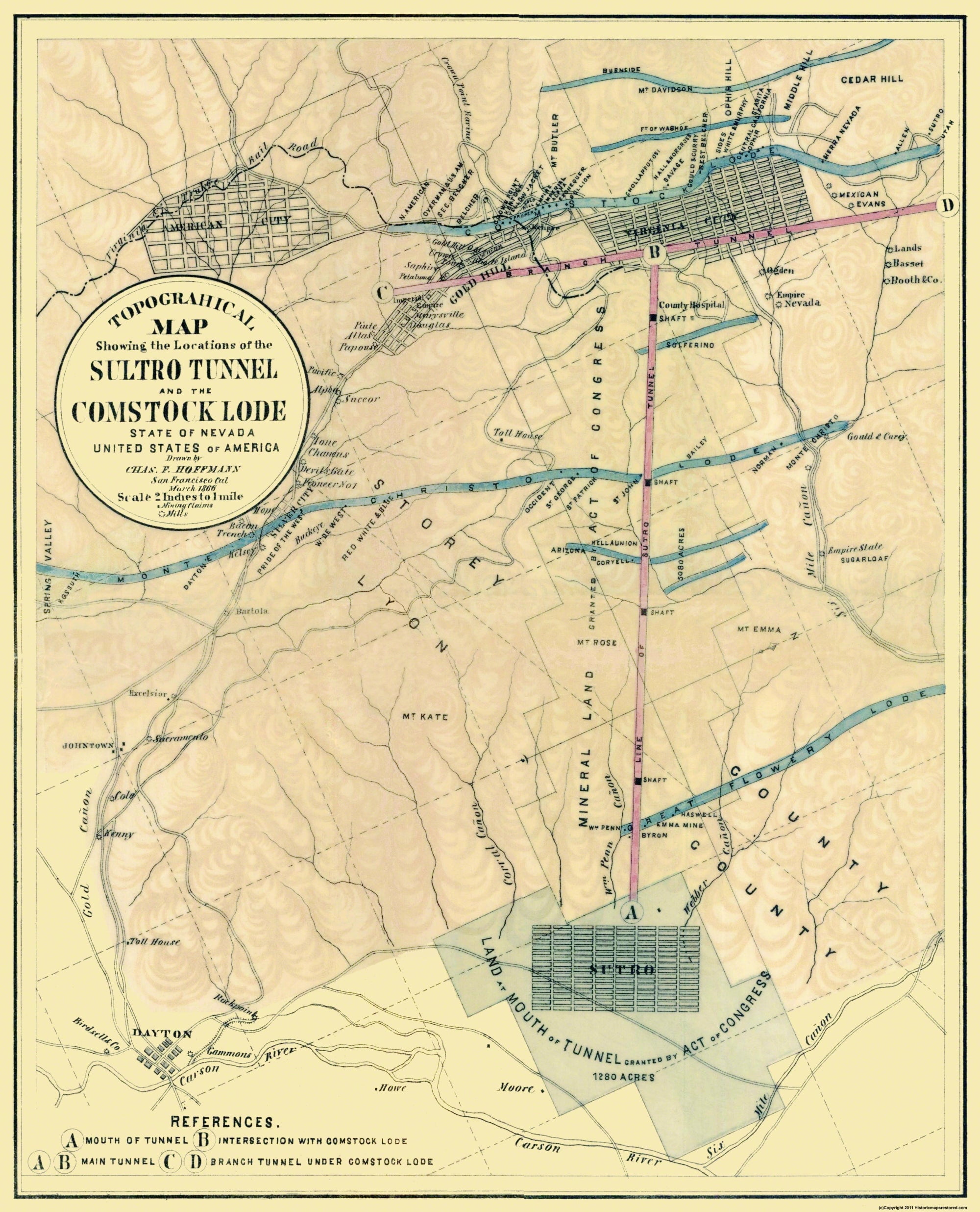 Historic Mine Map - Nevada Sultro Tunnel Comstock Lode - Hoffmann 1866 - 23 x 28.44 - Vintage ...