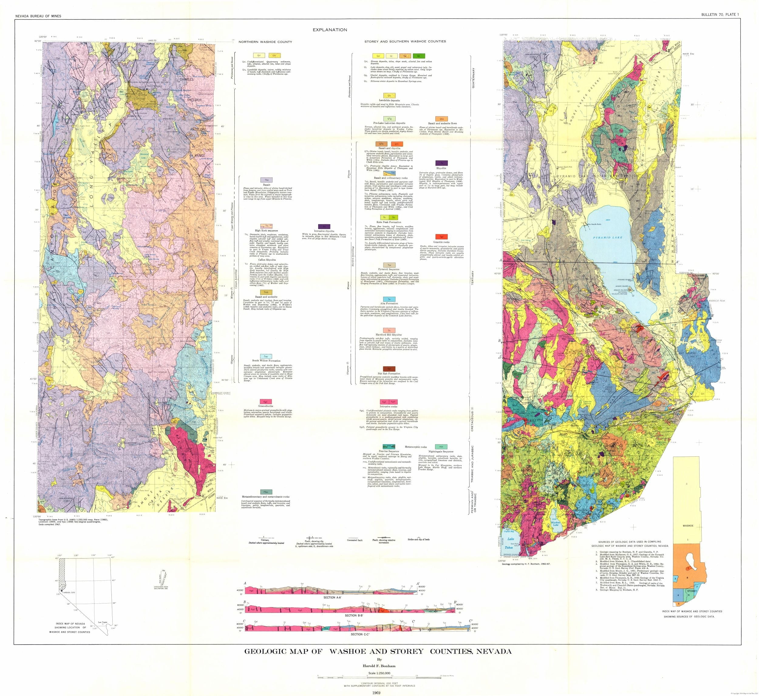 Historic Mine Map - Nevada Washoe Storey Counties Mines - Bonham 1969 ...