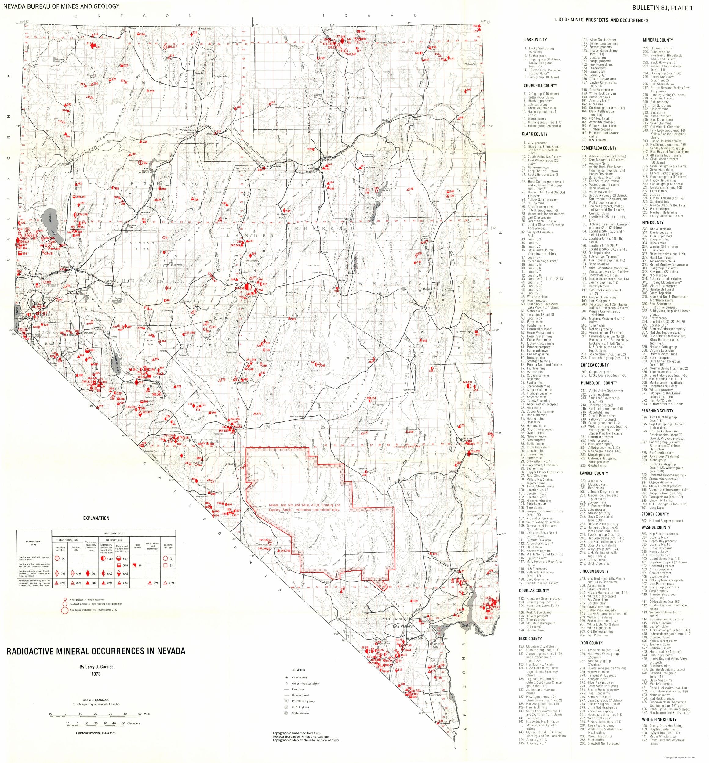 Historic Mine Map - Radioactive Minerals Nevada Mines - Garside 1973 ...