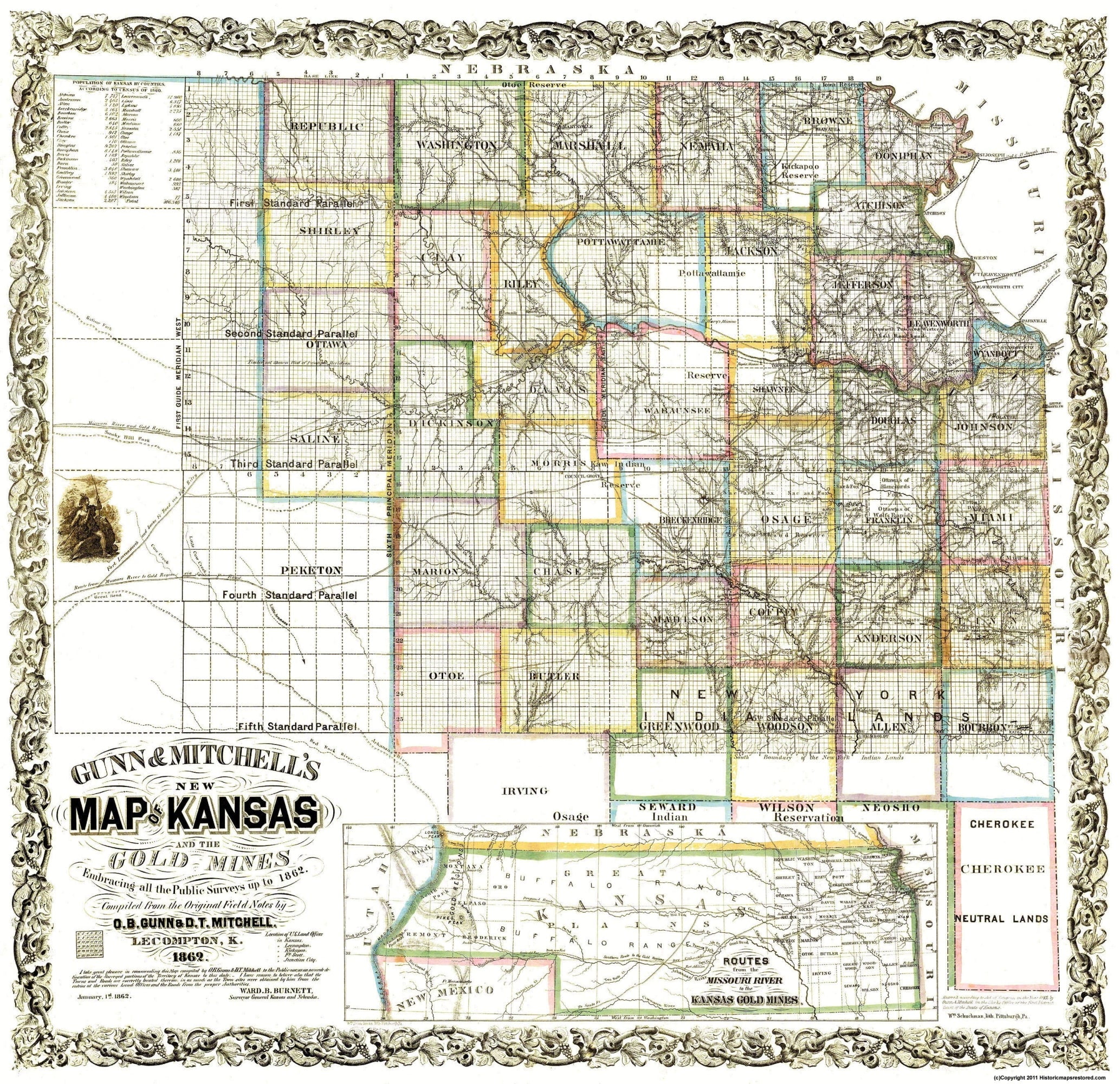 Historic Mine Map - Kansas Gold Mines - Gunn 1862 - 23.75 x 23 ...
