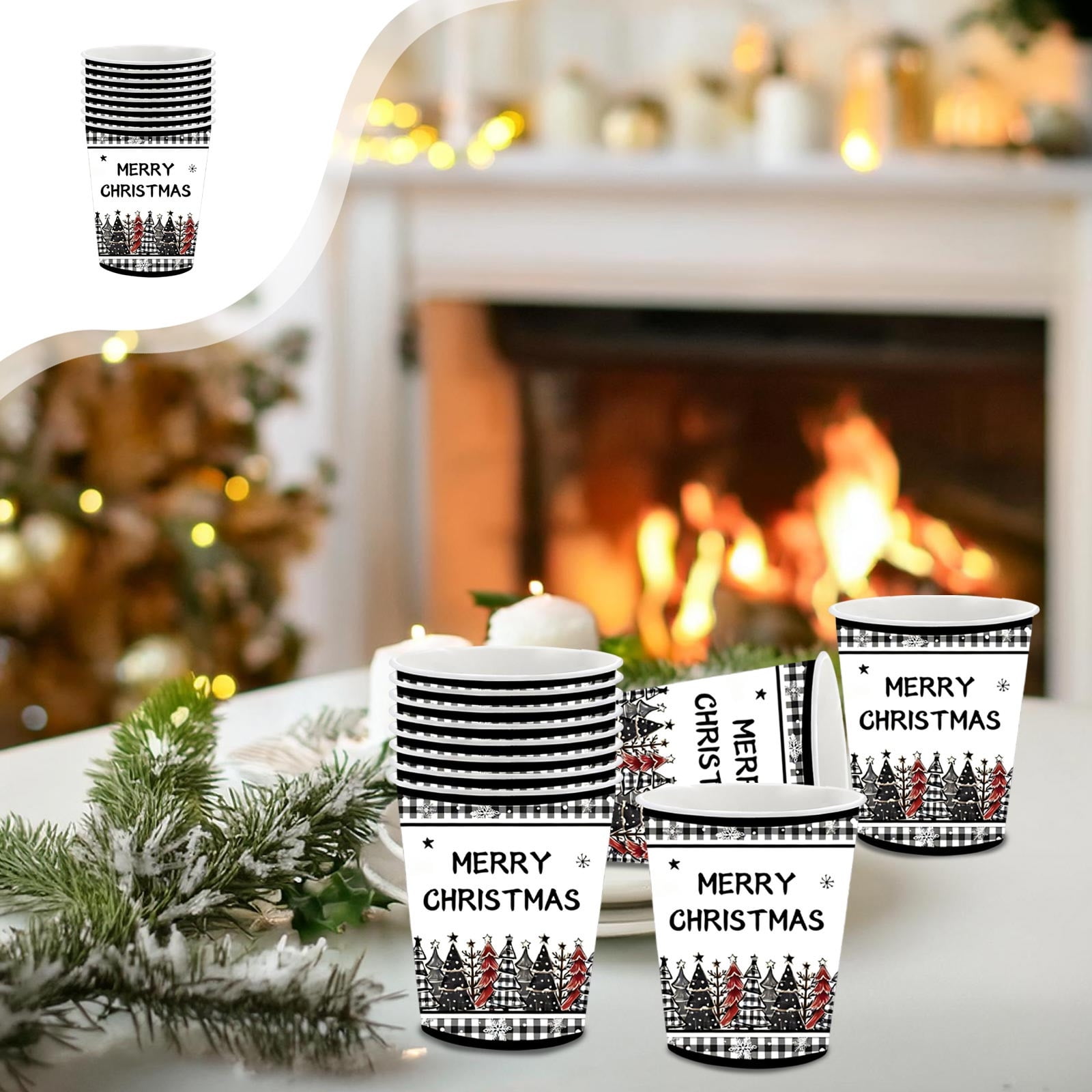 Mineart Black White Checkered Christmas Tree Theme Party Tableware Set ...