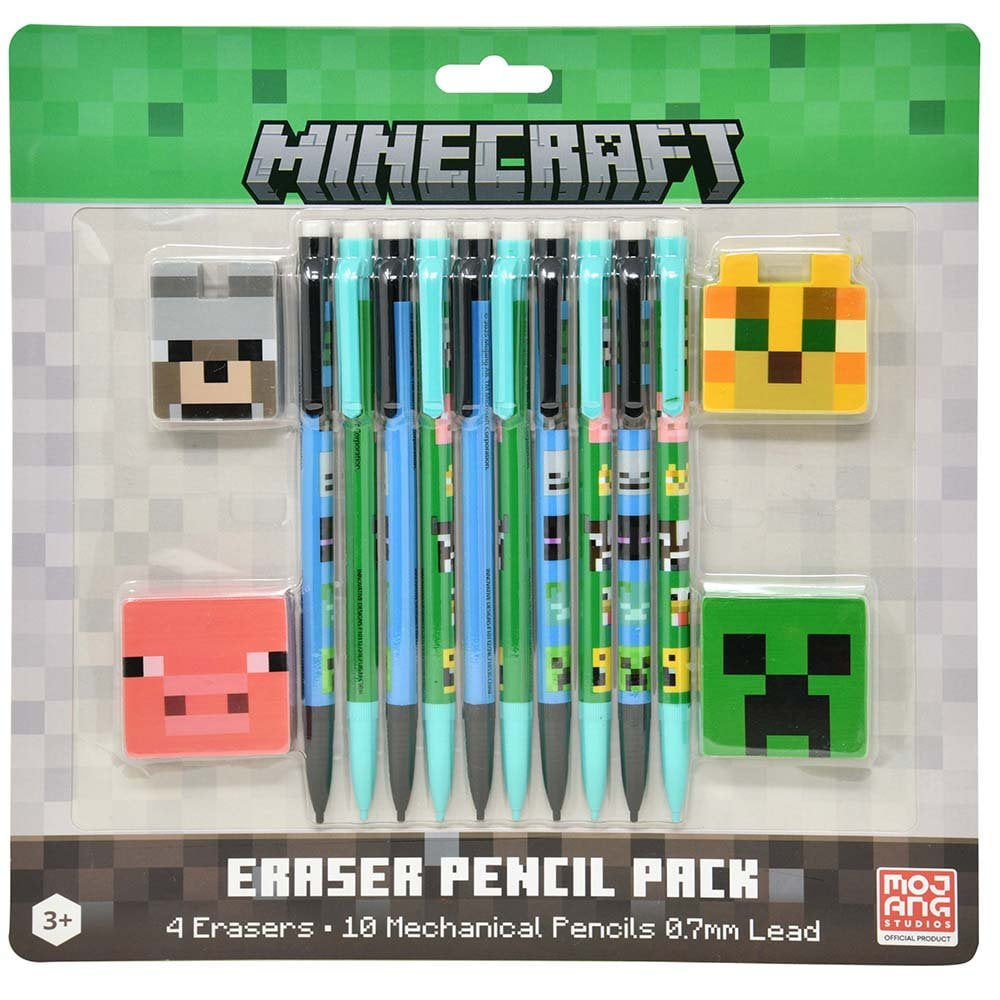 Minecraft 10pk Mechanical Pencils with 4 Shaped Erasers on Card, 3 ...