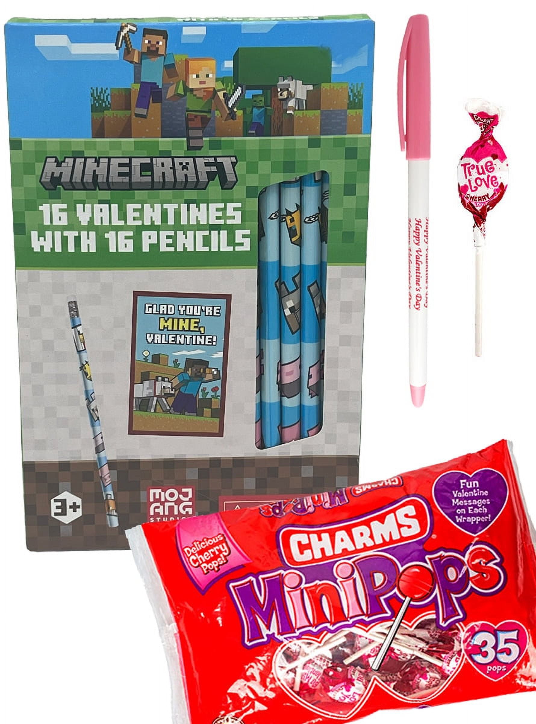 Minecraft 16 Valentine Cards with Pencils and Charms Lollipops MiniPops ...