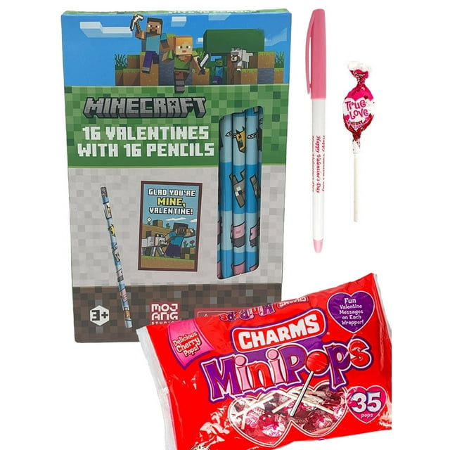 Minecraft 16 Valentine Cards with Pencils and Charms Lollipops MiniPops ...