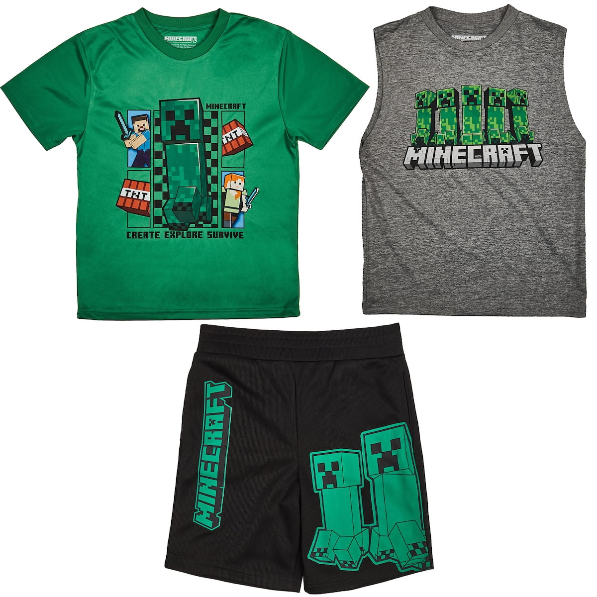 Minecraft 3-Pack Boy's Green Short Sleeve Tee, Gray Muscle Tank, Black ...