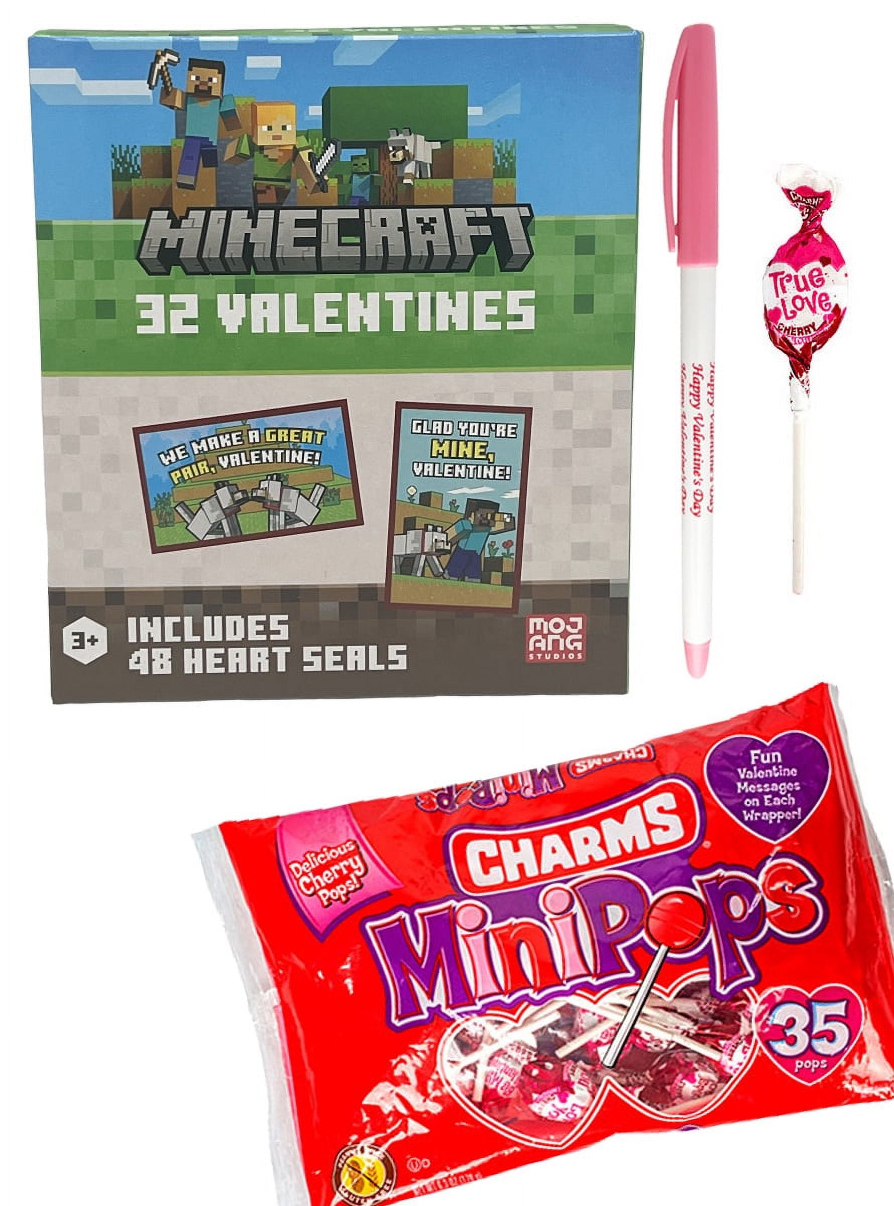 Minecraft 32 Valentine Cards with Charms Lollipops MiniPops, 48 Heart ...