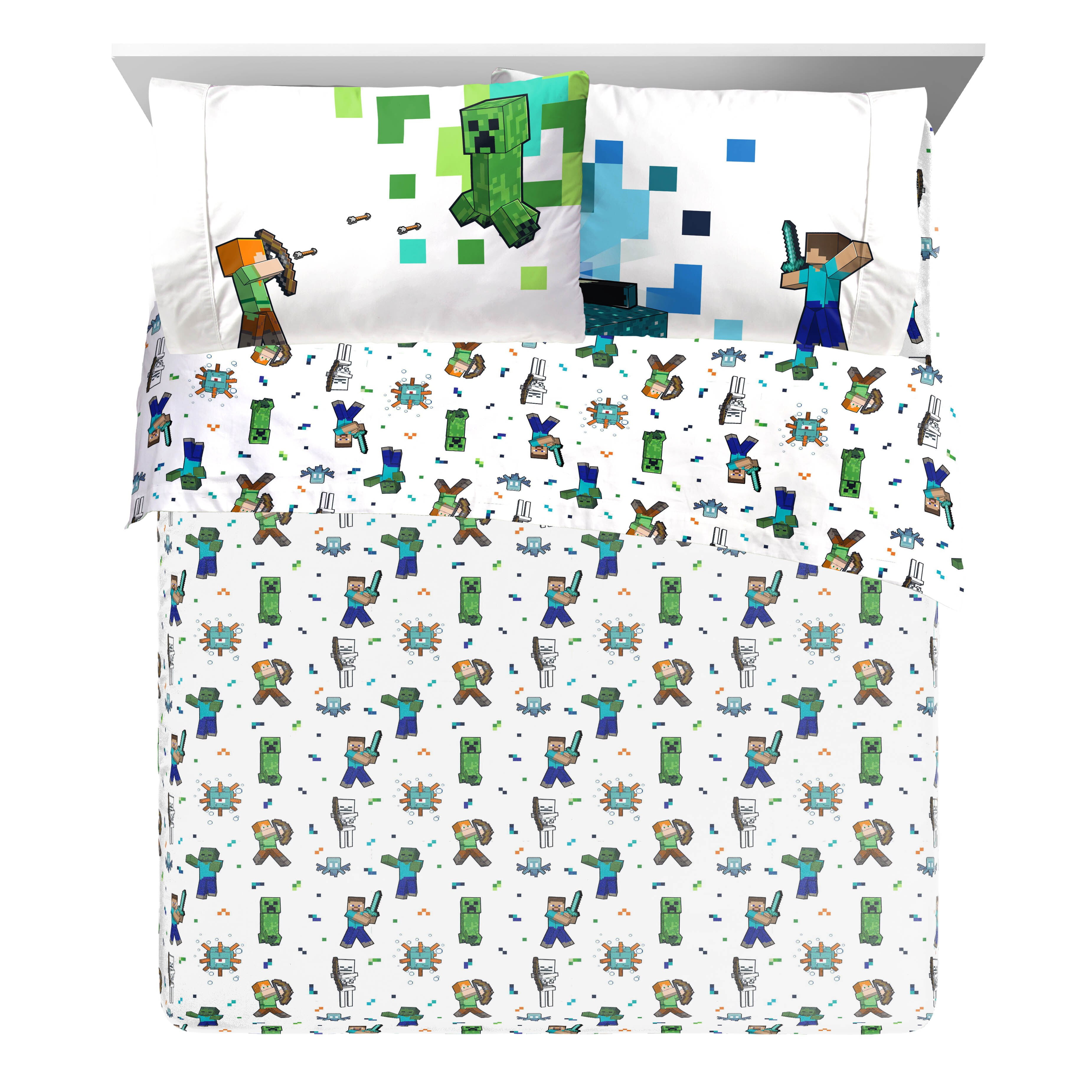 Minecraft Against Mobs 4-Piece Queen Sheet Set, Polyester, White ...