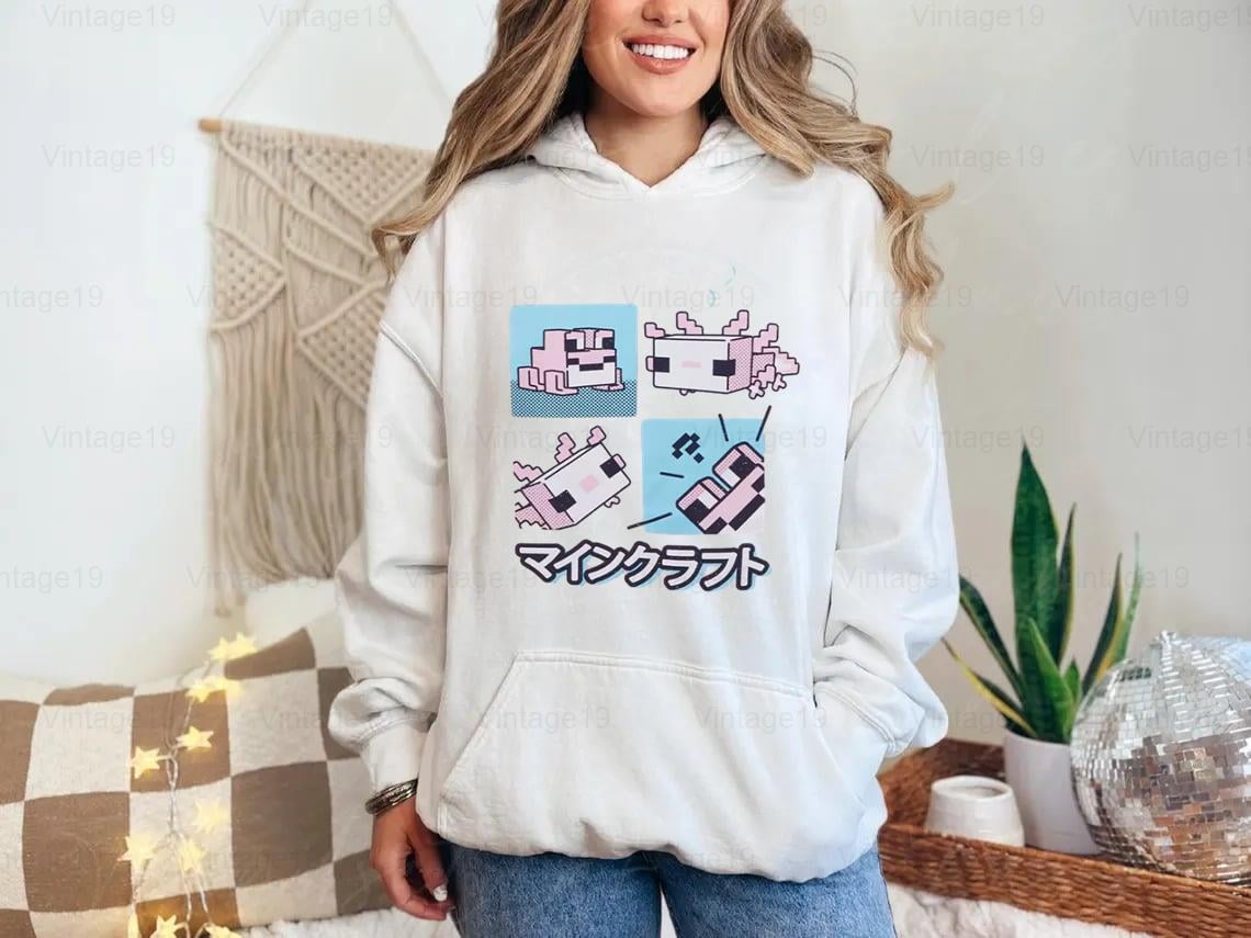 Minecraft Axolotl Hoodie with Pink Gaming Fun Graphic Art, for men & women, up to size 5XL ...