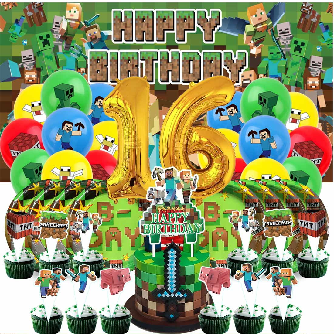 Minecraft Balloons Party Supplies 16th Decor Tableware Birthday Cake ...
