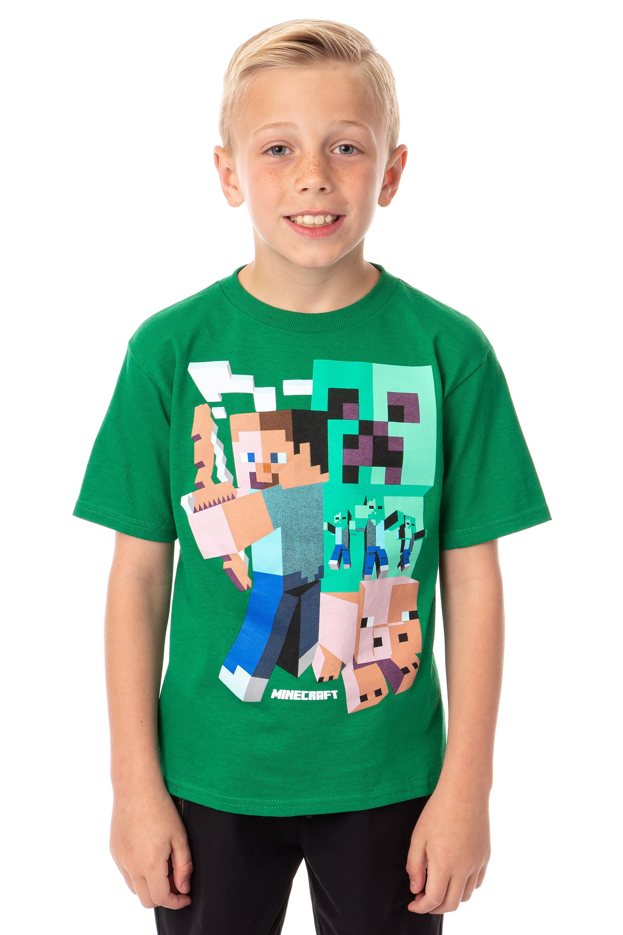 Minecraft Big Boy's T-Shirt Steve Pickaxe Pig Zombies Graphic Green ...