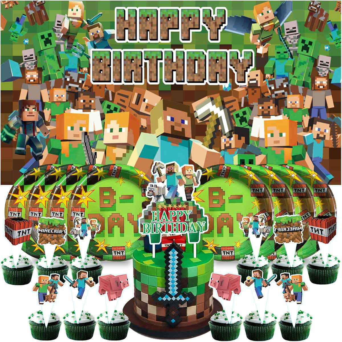 Minecraft Birthday Supplies Plates Decorations Decor Backdrop Banner ...