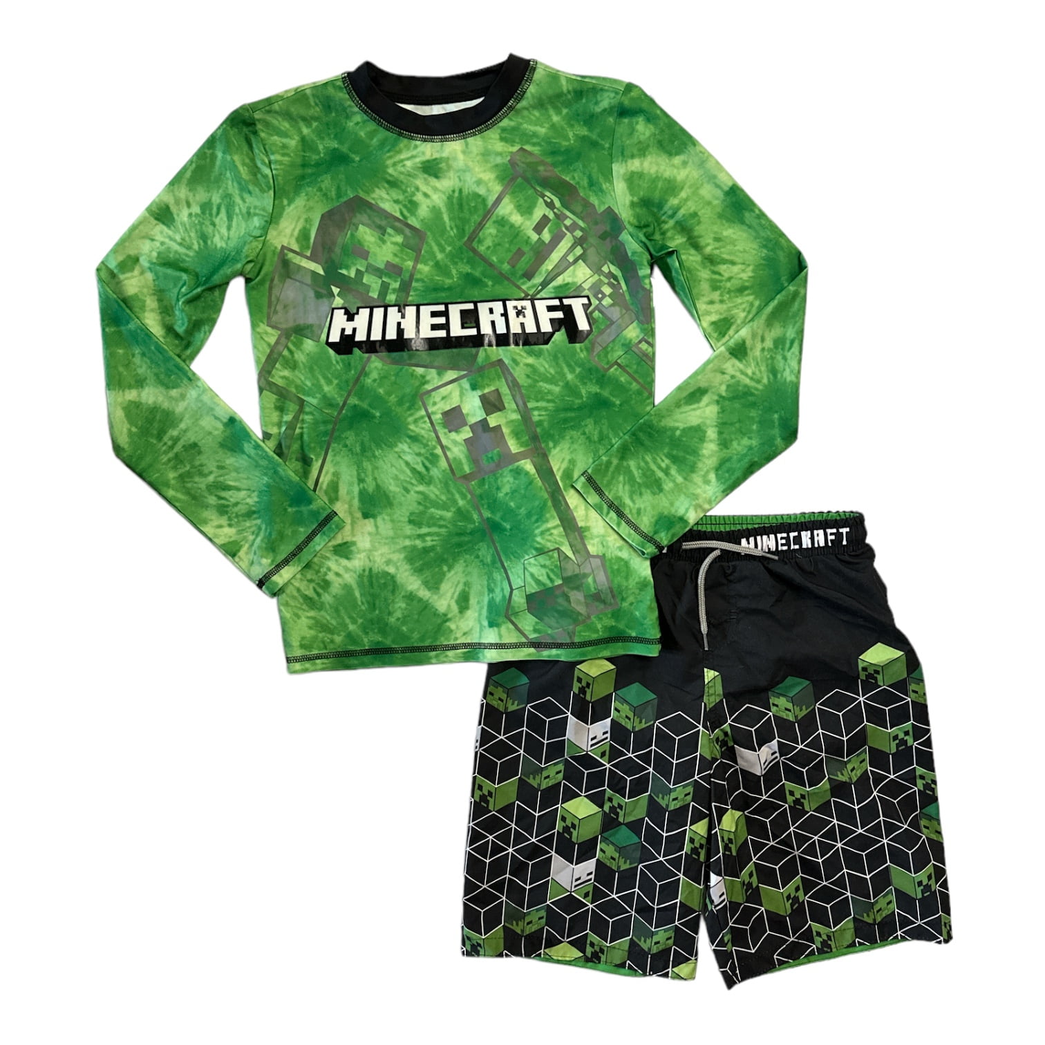 Minecraft Boy's Rash Guard Suit: 2-Piece Long Sleeve Swimwear & Trunks ...