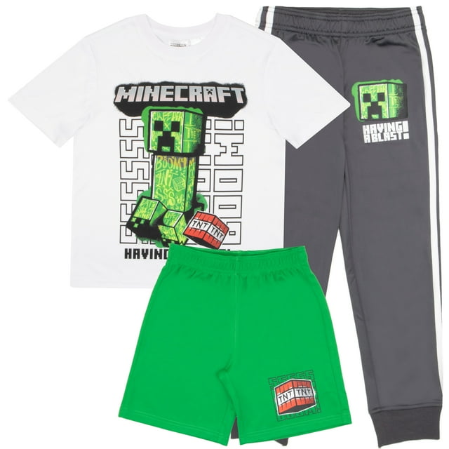 Minecraft Boys 3-Piece Creeper Pants Set - Short Sleeve T-Shirt, Shorts ...