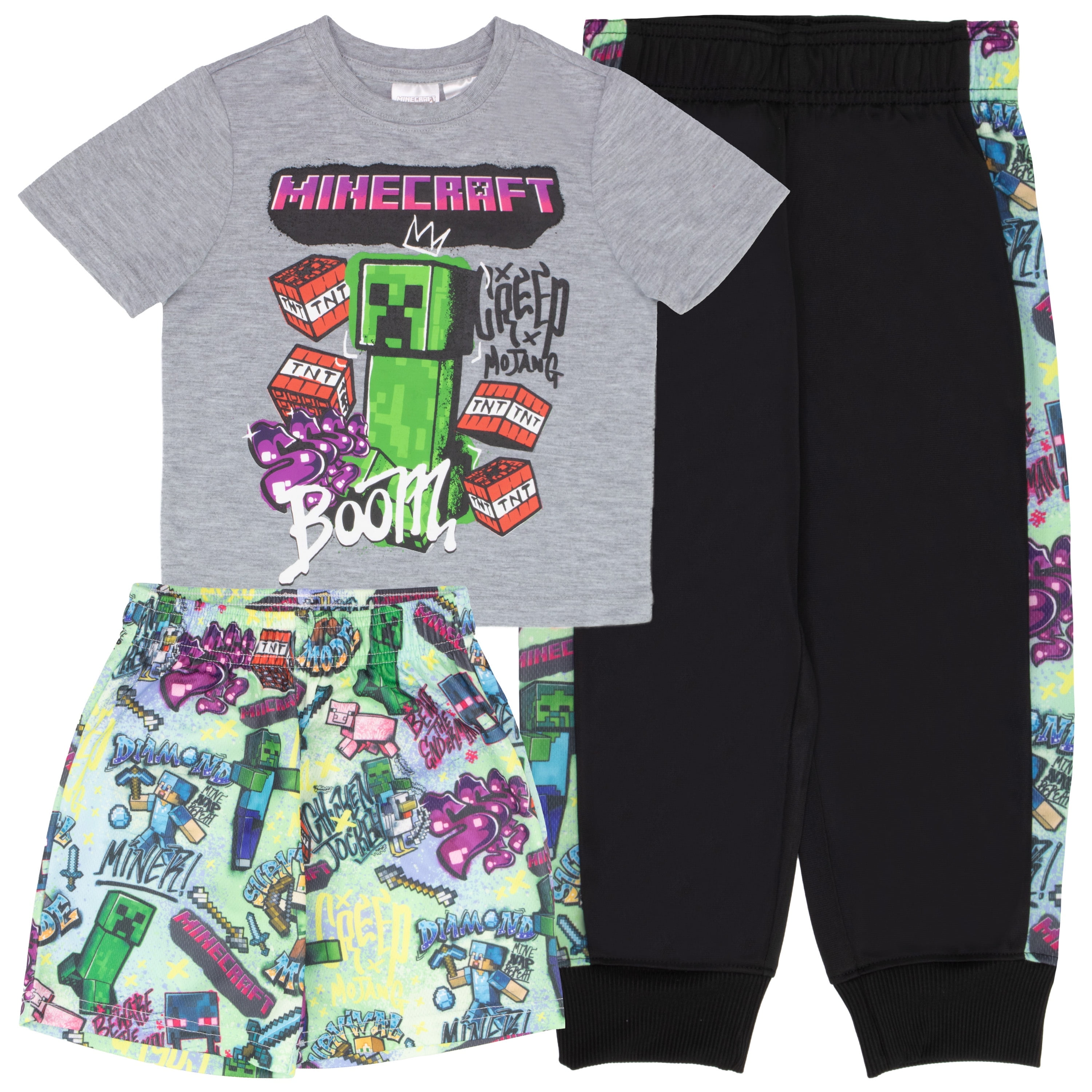 Minecraft Boys 3-Piece Pants Set - Short Sleeve T-Shirt, Shorts ...