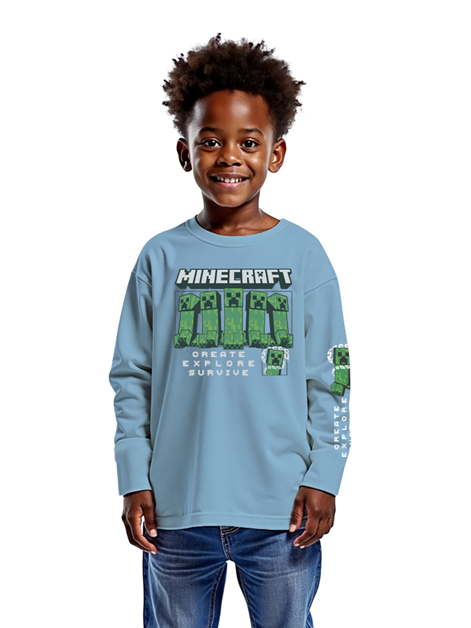 Minecraft, Boys' & Big Boys' Graphic Long-Sleeve T-Shirt, Creeper ...