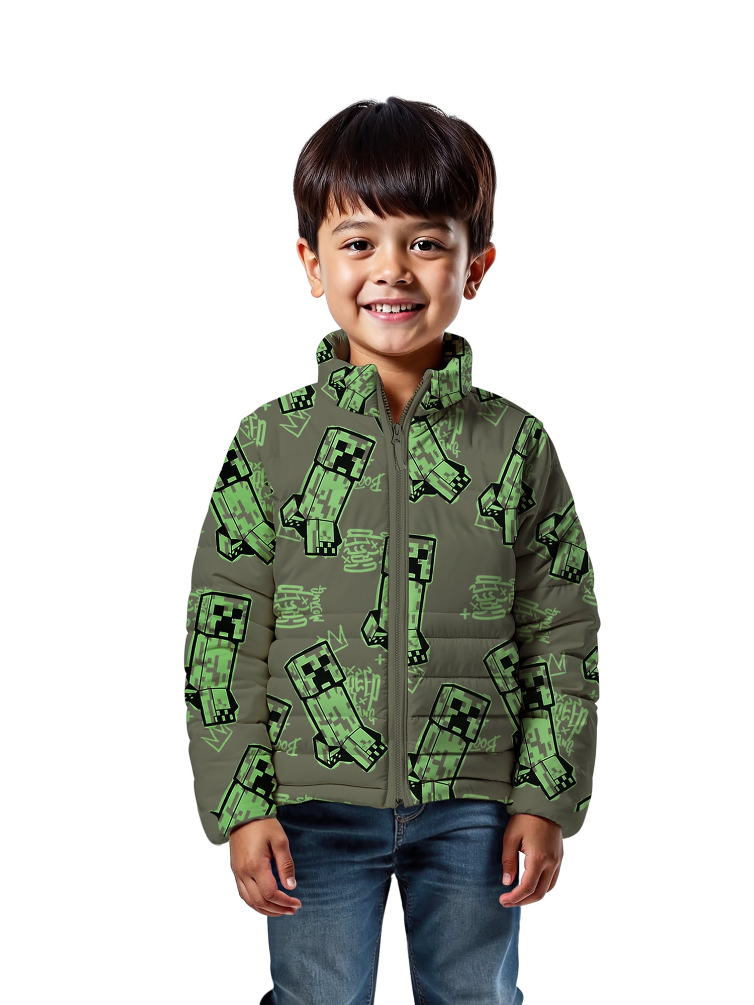 Minecraft Little and Big Boys Creeper Zip Puffer Jacket, Lightweight ...