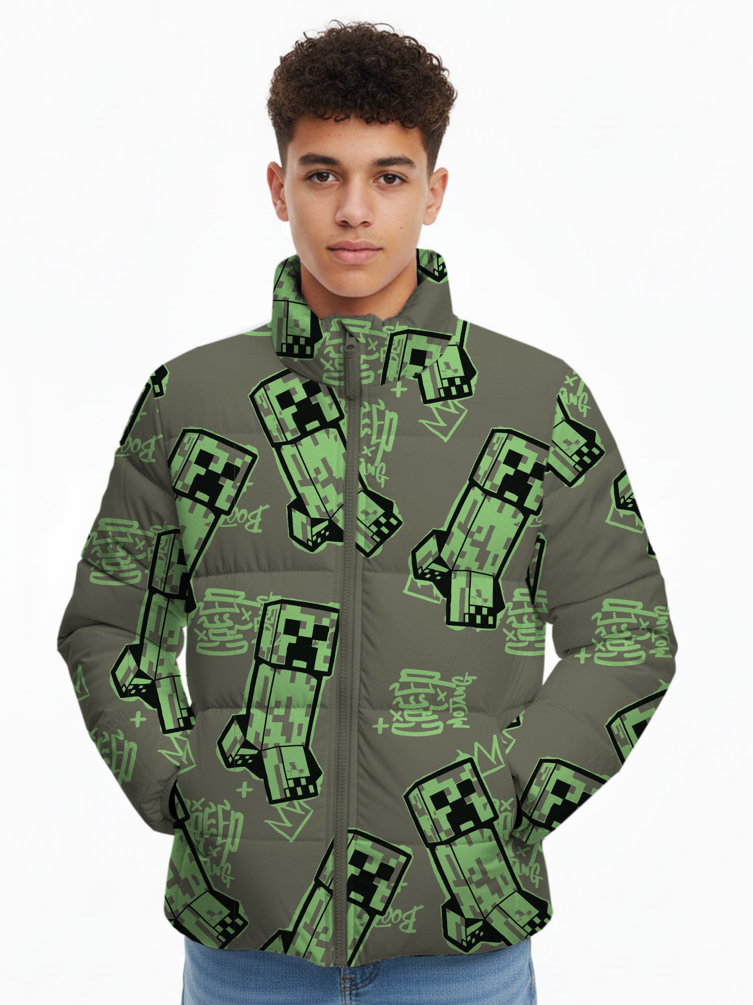 Minecraft Little and Big Boys Creeper Zip Puffer Jacket, Lightweight ...