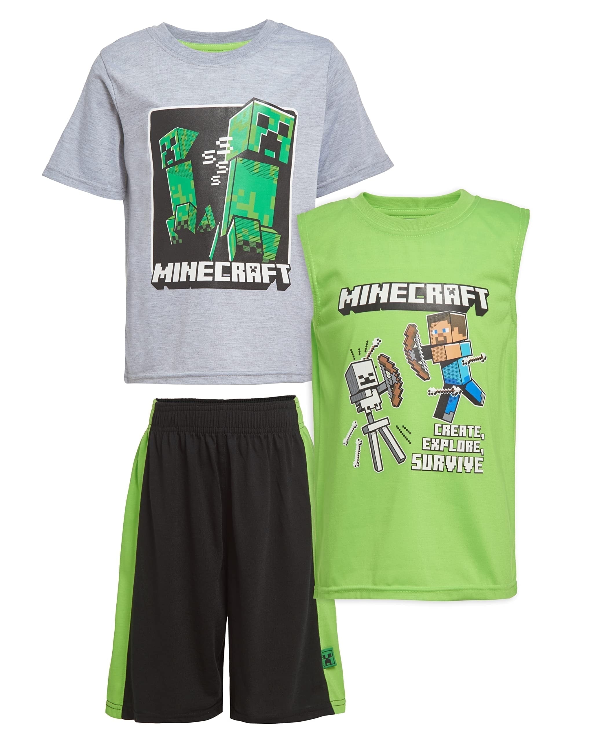 Minecraft Kids Outfit: Boys Creepers 3 Piece T-Shirt, Tank Top, Shorts ...