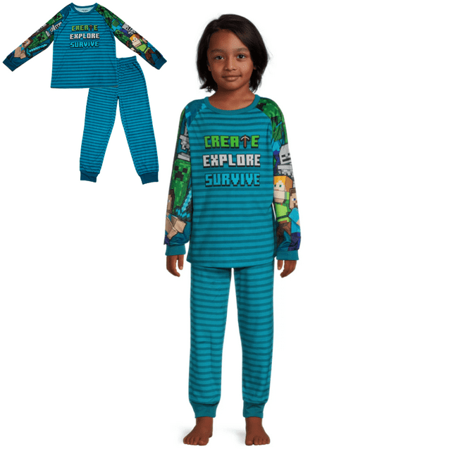 Minecraft Boys Long Sleeve Pajamas with Creeper Design, Kids 2-Piece ...