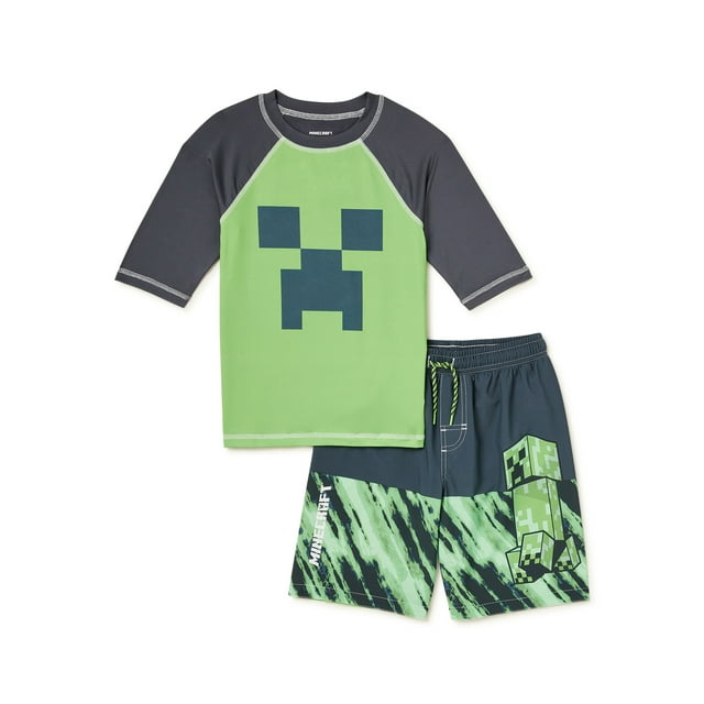 Minecraft Boys Short Sleeve Rashguard & 4 Way Stretch Swim Trunks, 2 ...
