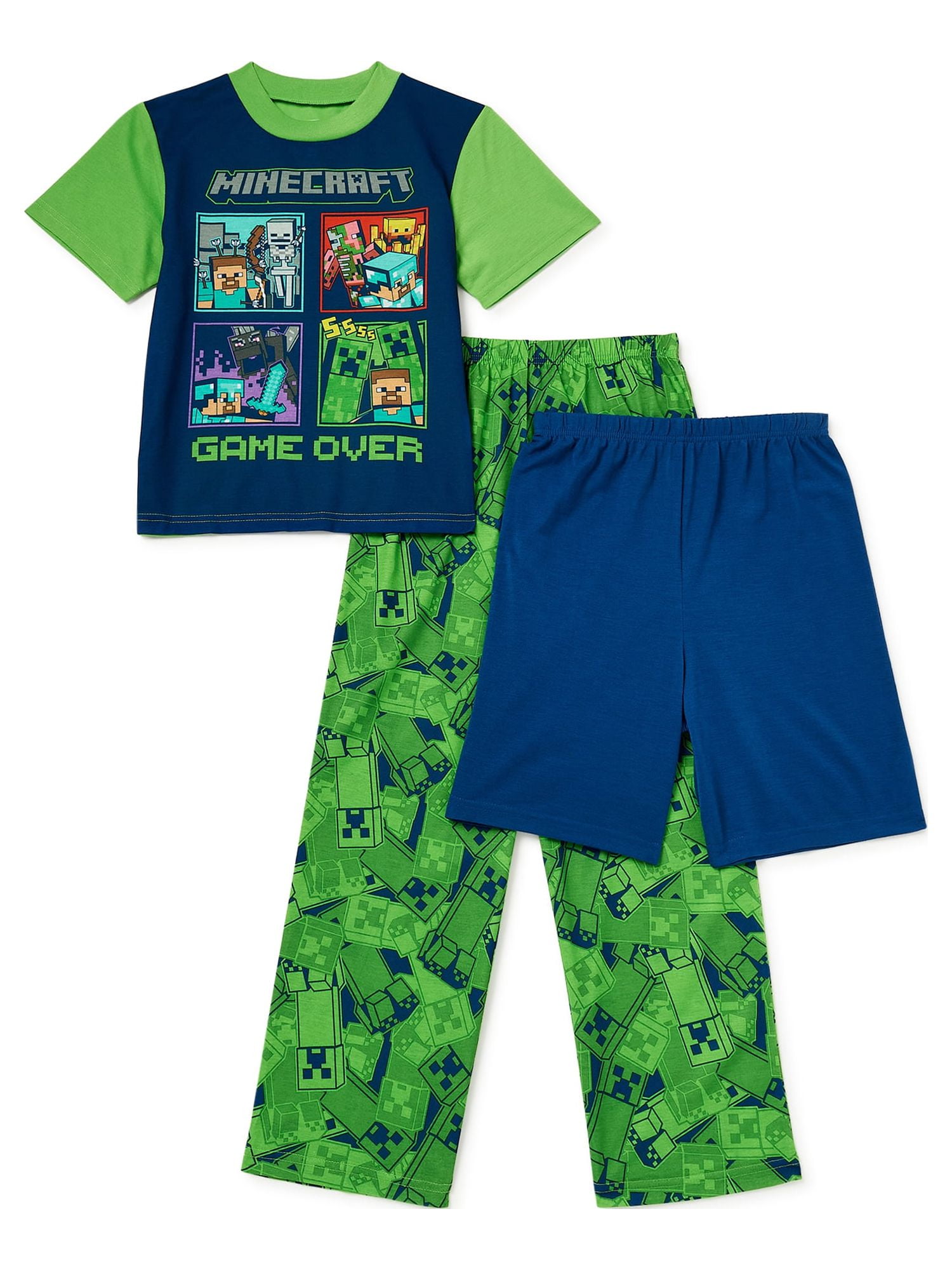 Minecraft PJ Sleepwear: Boys 3-Piece Pajama Set, Short Sleeve Top ...