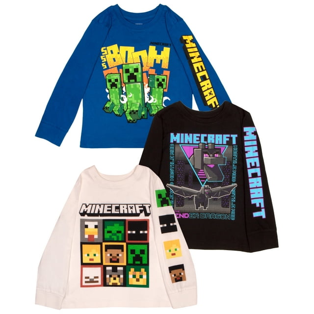 Minecraft Characters Boys Long Sleeve T-Shirt, 3-Pack Bundle Set for ...