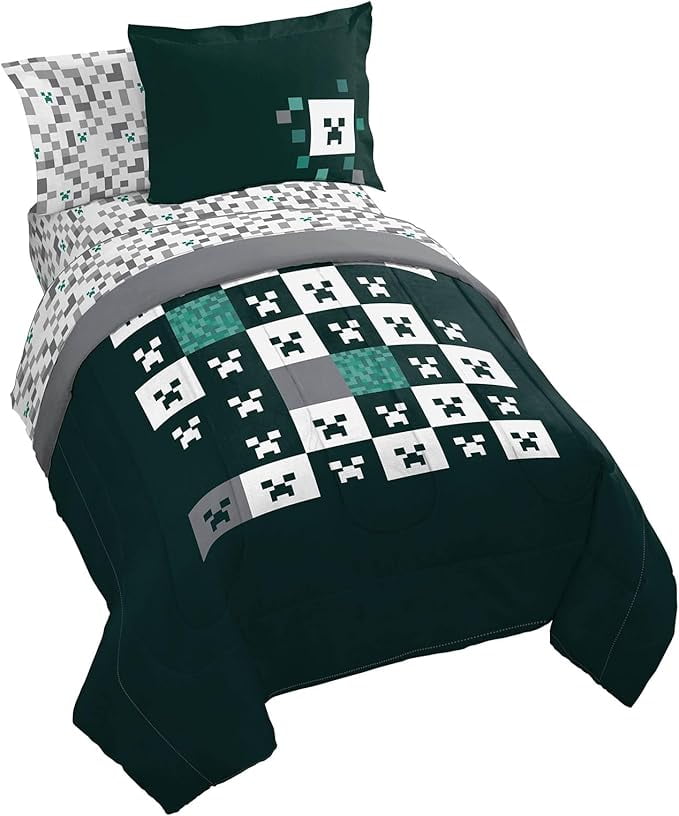 Minecraft Checkered Creeper 5 Piece Twin Size Comforter Set with Shams ...