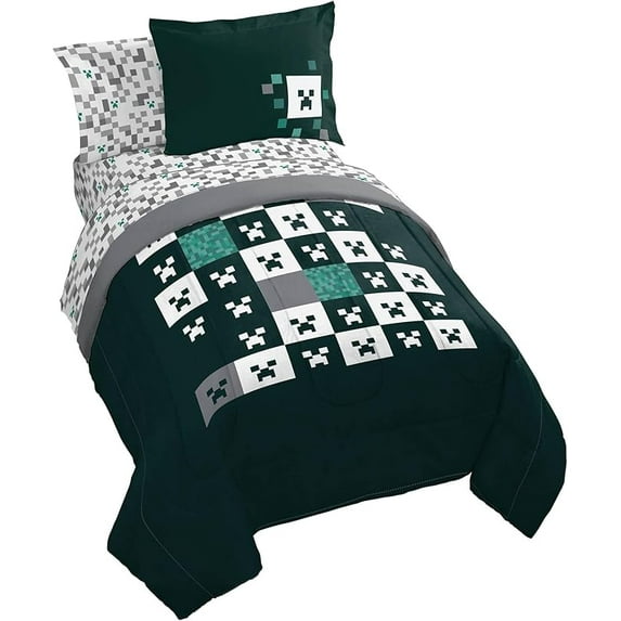 Minecraft Checkered Creeper 5 Piece Twin Size Comforter Set with Shams ...