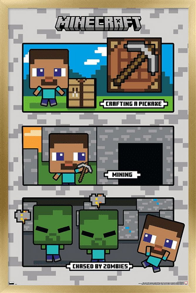 Minecraft - Chibi Chased By Zombies Wall Poster, 22.375" x 34" Framed ...