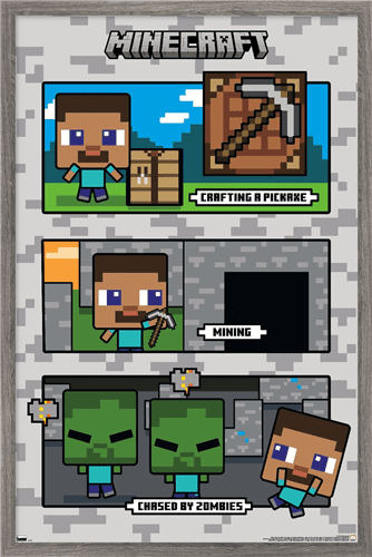 Minecraft - Chibi Chased By Zombies Wall Poster, 22.375" x 34" Framed ...