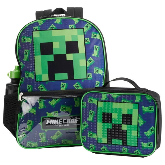 Minecraft Creeper 16" Backpack & Insulated Lunch Box 5 Pc Set, School ...