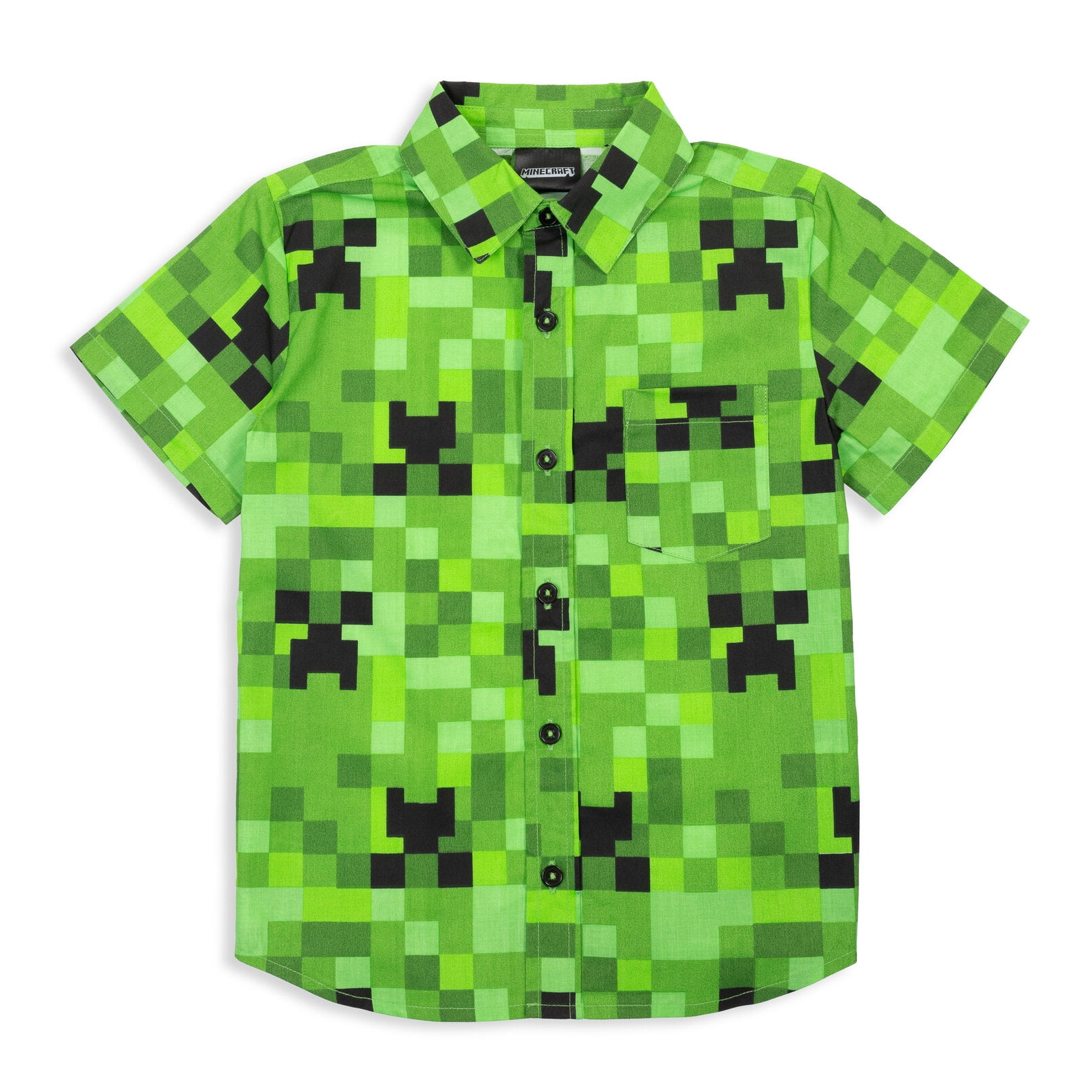 Minecraft Boys Creeper Button Down Dress Shirt Short Sleeve Collared ...