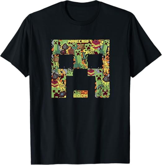 Minecraft Creeper Big Face Collage T-Shirt ,Black Color,Size 2XL ...