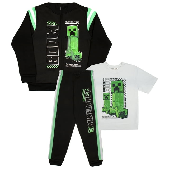 Minecraft Creeper Boys 3 Piece Tracksuit Pants Set - Zip Up Tracksuit ...