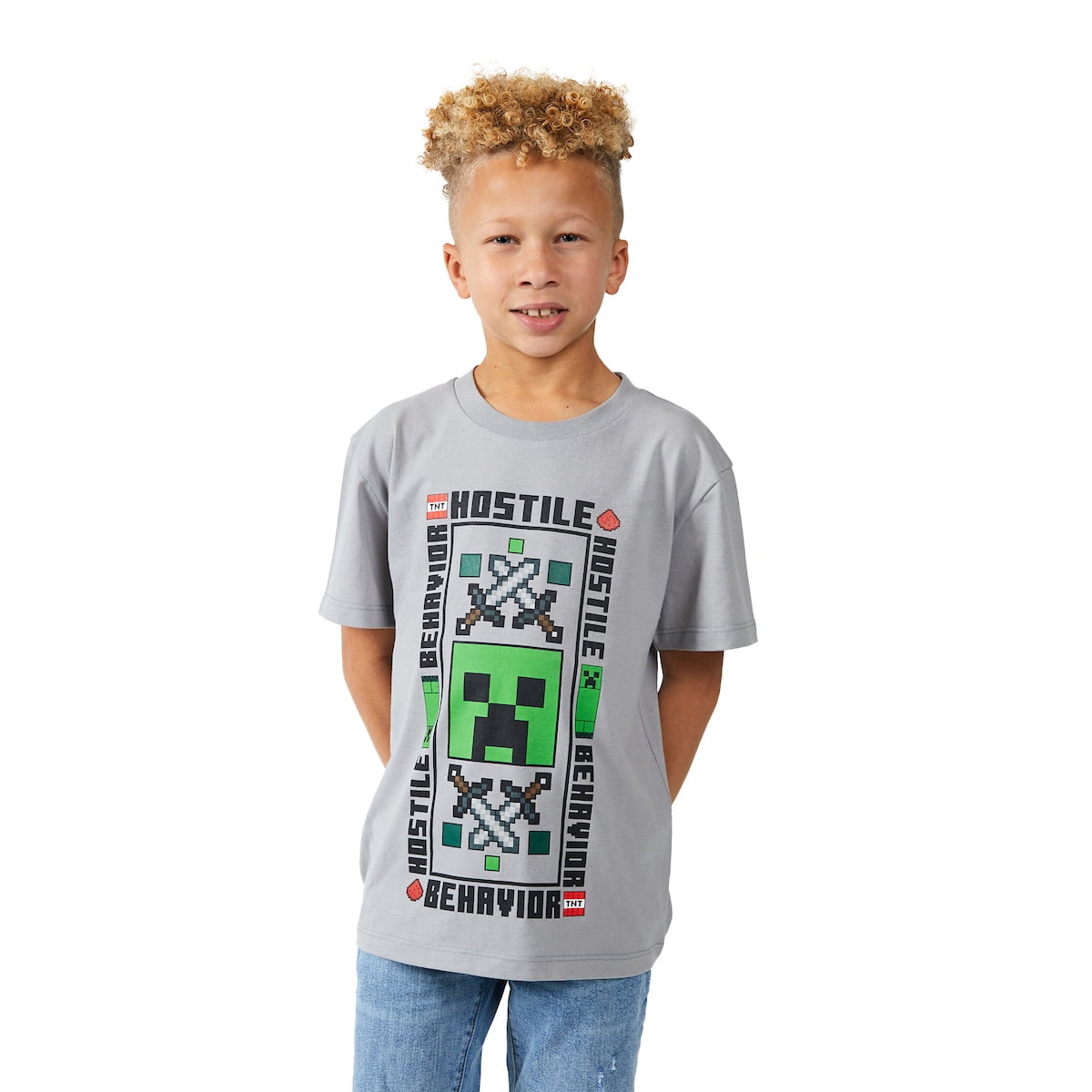 Minecraft Creeper Face & Crossed Swords Crew Neck Short Sleeve Gray Boy's T-shirt -Medium ...