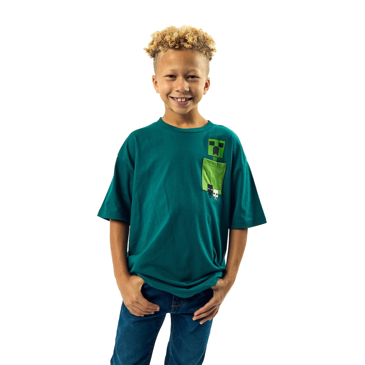 Minecraft Creeper Pocket Crew Neck Short Sleeve Boy's Green Colorblock ...