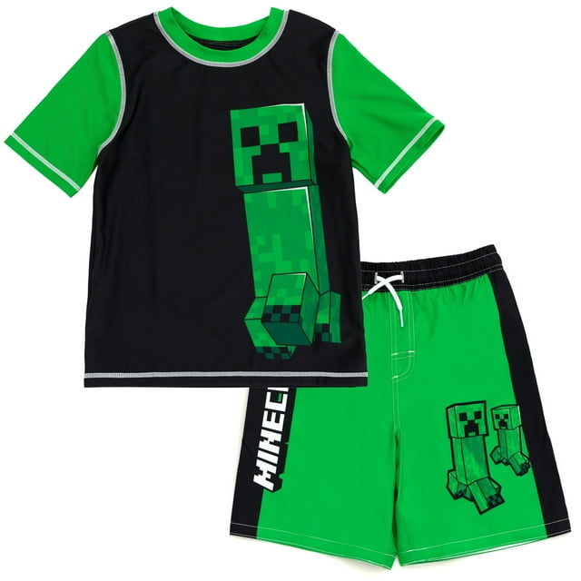 Minecraft Creeper UPF 50+ Rash Guard and Swim Trunks Outfit Set Little ...