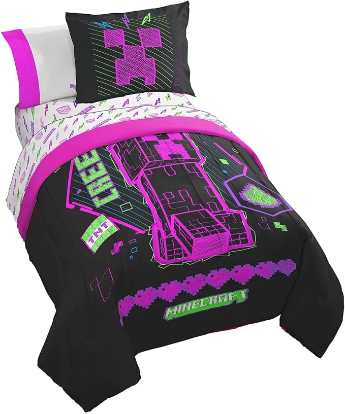 Minecraft Cyber Neon 7 Piece Full Size Comforter Set with Shams - Kids ...