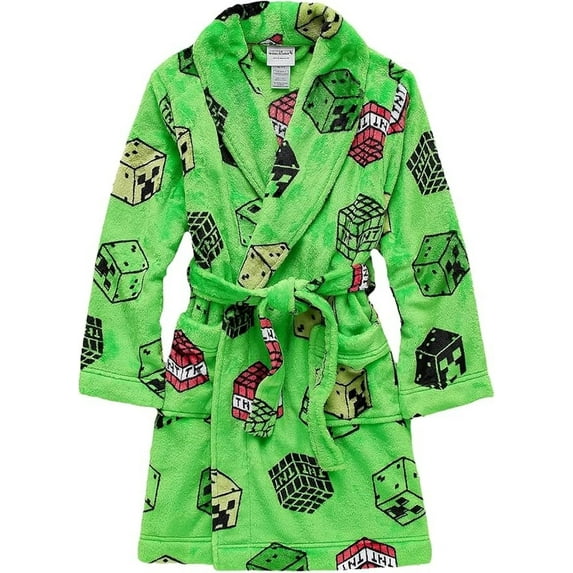 Minecraft Dark Creeper and TNT Block Boy's Soft Green Print Bathrobe ...