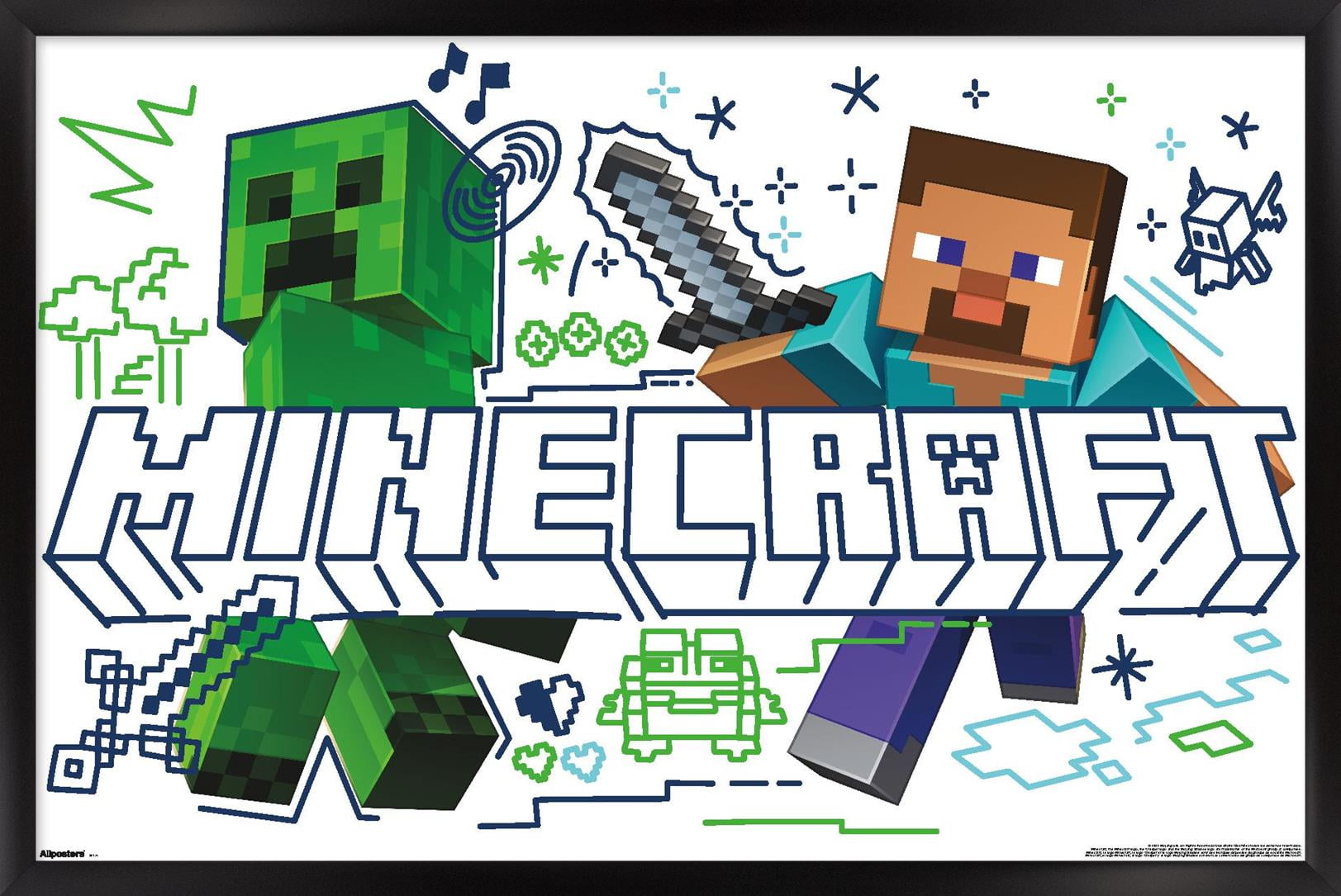 Minecraft: Doodle - Steve & Creeper Wall Poster, 22.375" x 34" Framed ...