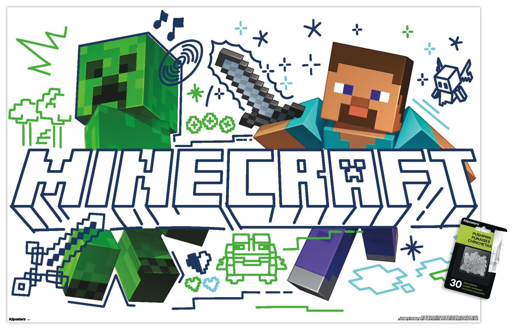 Minecraft: Doodle - Steve & Creeper Wall Poster with Push Pins, 22.375 ...