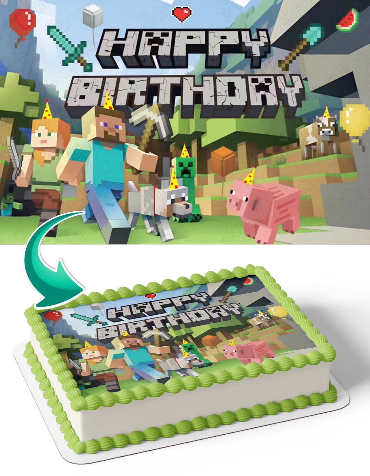 Minecraft Edible Cake Image Topper Personalized Picture 1/4 Sheet (8 ...