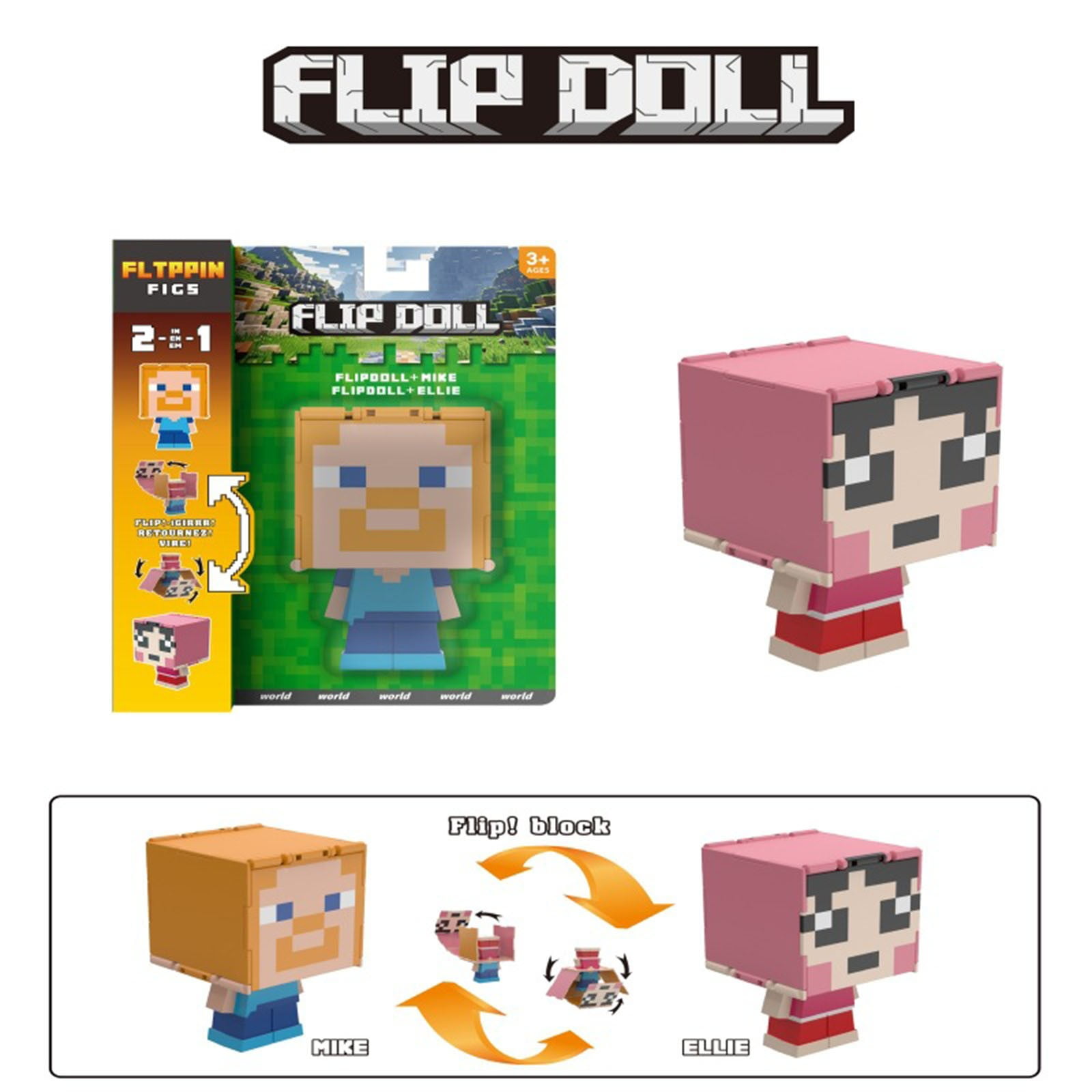 Minecraft Flippin’ Figs MIKE & ELLIE Figures 1-Pack, 2-in-1 Fidget Play ...