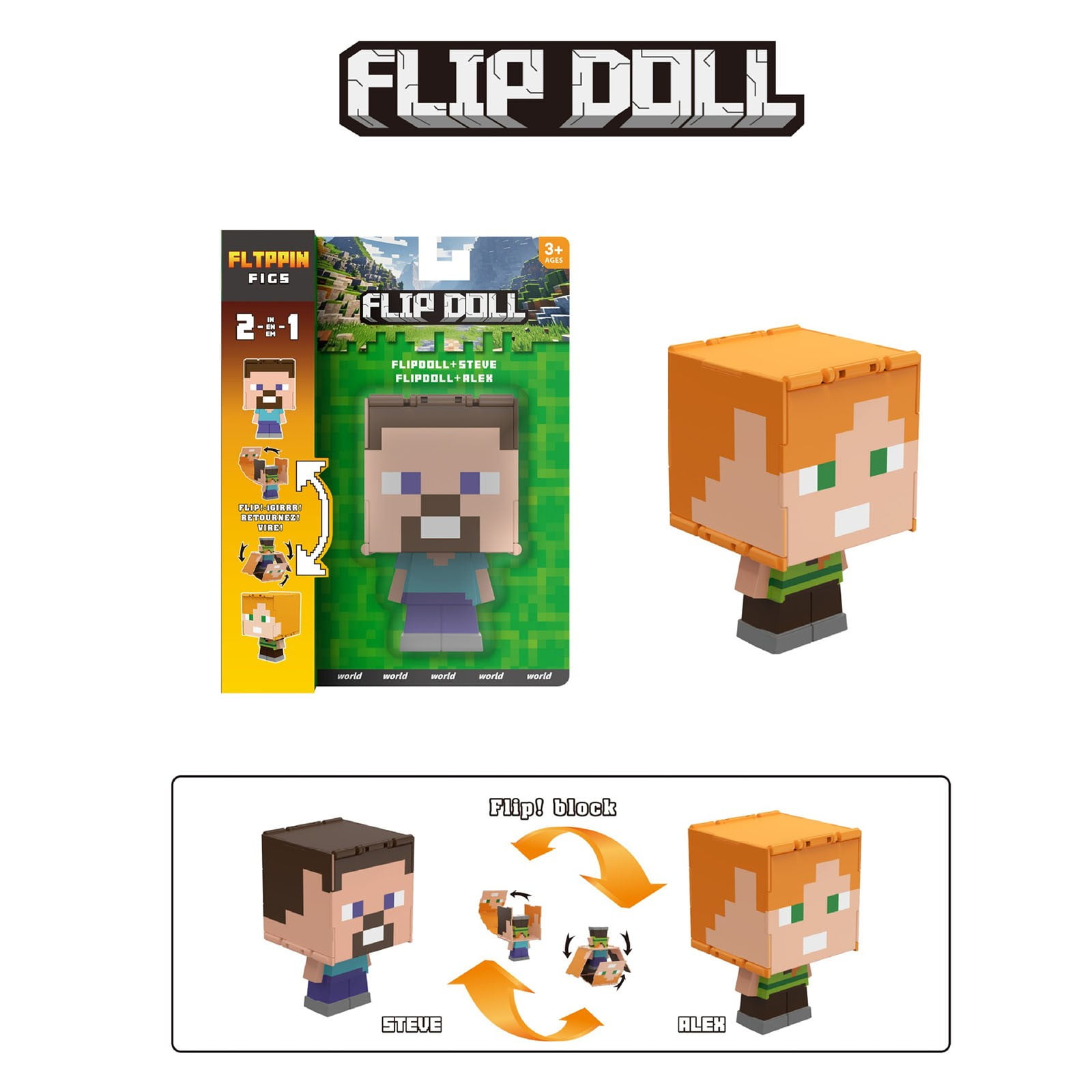 Minecraft Flippin’ Figs Steve & Alex Figures 1-Pack, 2-in-1 Fidget Play ...