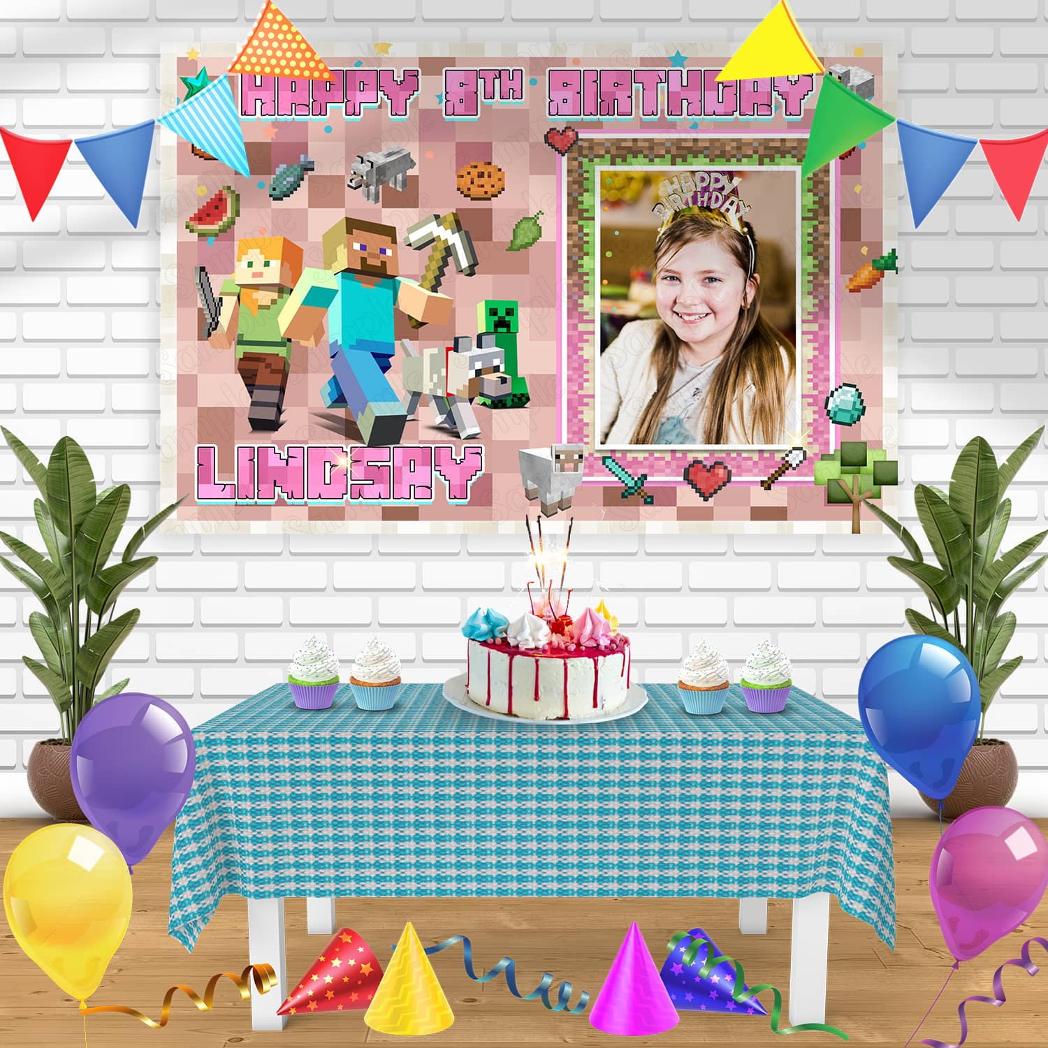 Minecraft Girls Frame Birthday Banner Personalized Party Backdrop ...