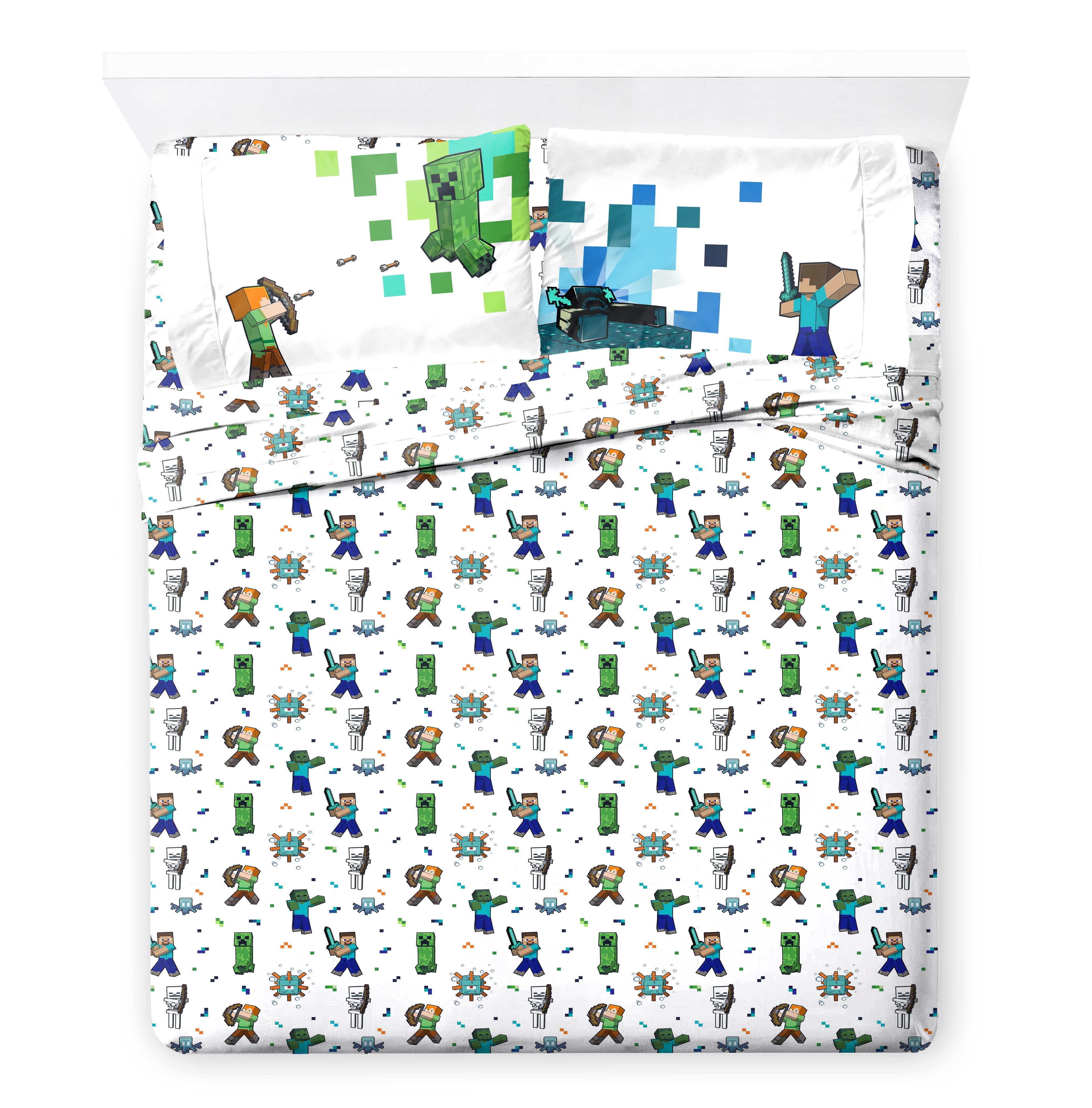 Minecraft Against Mobs Kids 4 Piece White Bed Sheet Set, Full - Walmart.com