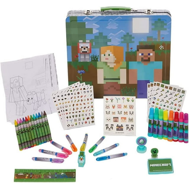 Minecraft Kids Art Kit with Carrying Tin Gel Pens Markers Stickers 500 ...