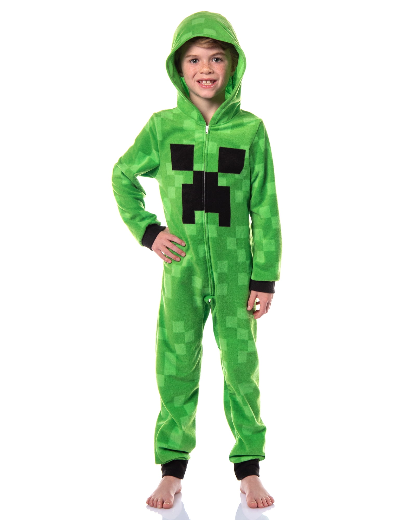 Minecraft Kids Fleece Creeper Hooded Union Suit Zip-Front Footless ...